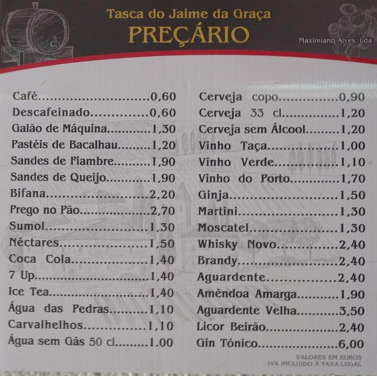 Menu at A Tasca do Jaime restaurant, Lisbon, Rua da Graça 91