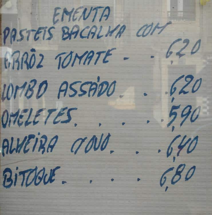 Menu at A Tasca do Jaime restaurant, Lisbon, Rua da Graça 91