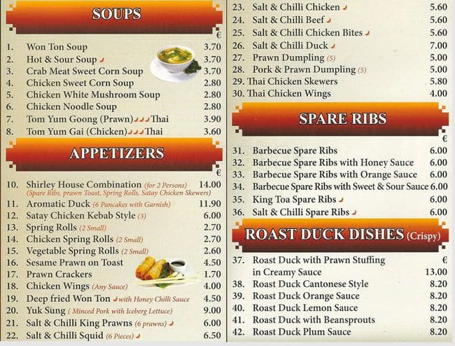 Menu at Shirley House fast food, Dublin