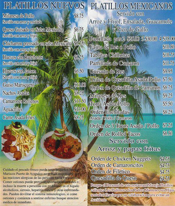 Menu at Mariscos El Puerto De Acapulco restaurant, Forest Hill