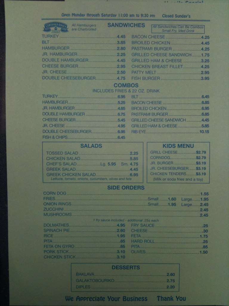 Menu at Yanni's Greek Express restaurant, Salt Lake City