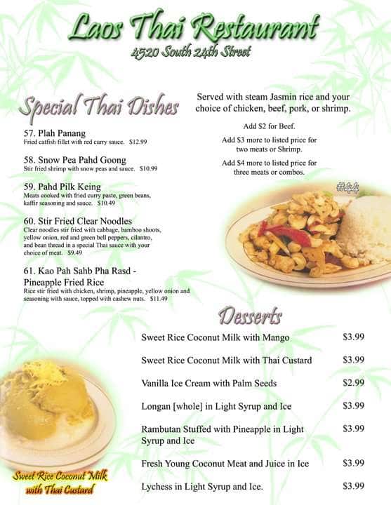 Menu at Laos Thai Restaurant, Omaha