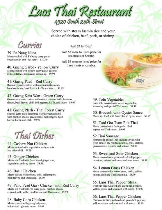 Menu at Laos Thai Restaurant, Omaha