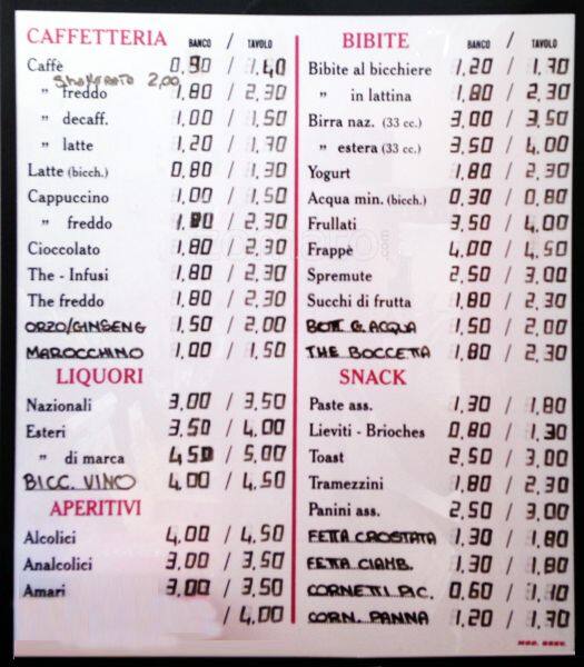 Menu at Stardust Caffe cafe, Rome