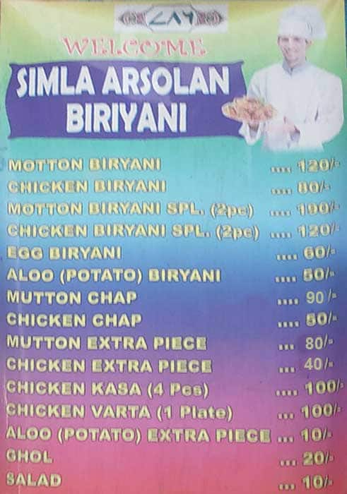Menu of Simla Arsolan Biryani, Tollygunge, Kolkata