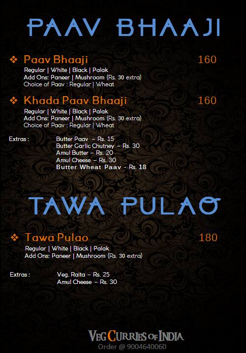 Menu at Veg Curries Of India, Mumbai