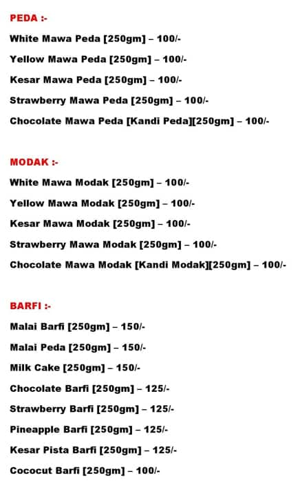 Menu of Bharat Sweets, Prabhadevi, Mumbai