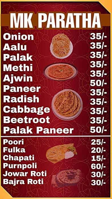 Menu of MK Paratha, Magarpatta, Pune