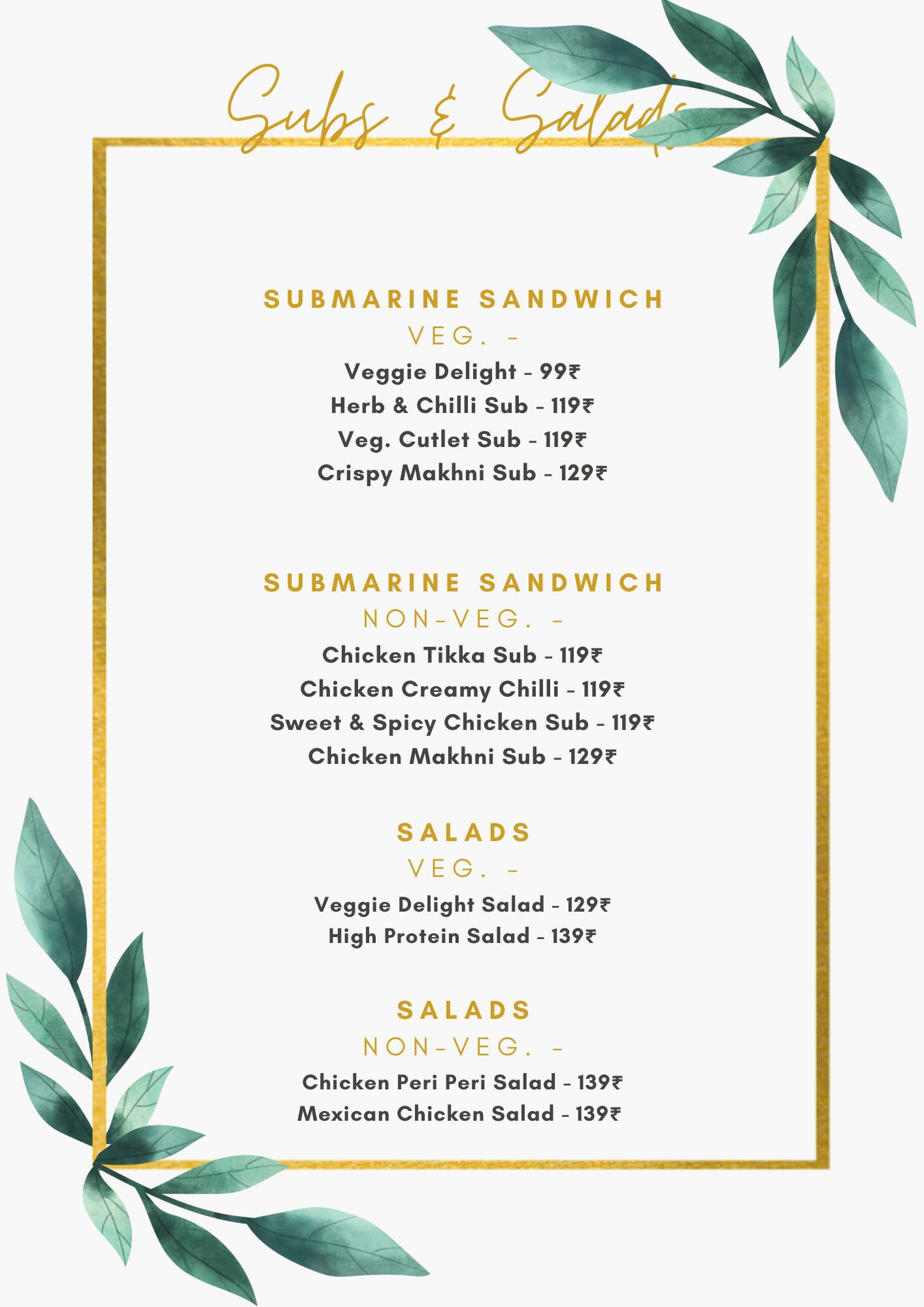 Menu of Subs And Salads, Hauz Khas, New Delhi