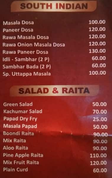 Menu at Celebration, Agra