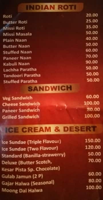Menu at Celebration, Agra