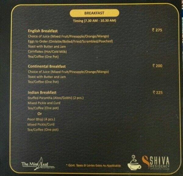 Menu at The Mint Leaf Restaurant - Hotel Shiva Residency, Dehradun