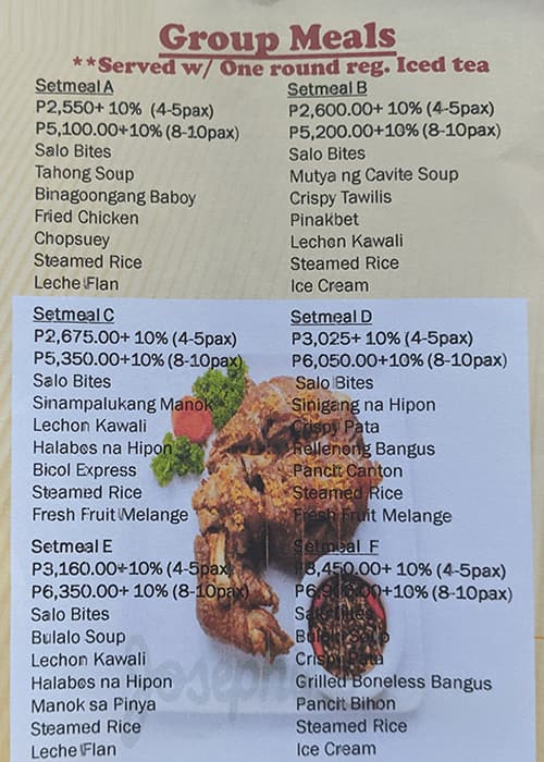 Menu at Josephine Restaurant, Tagaytay, KM 58 Gen. E. Aguinaldo Highway
