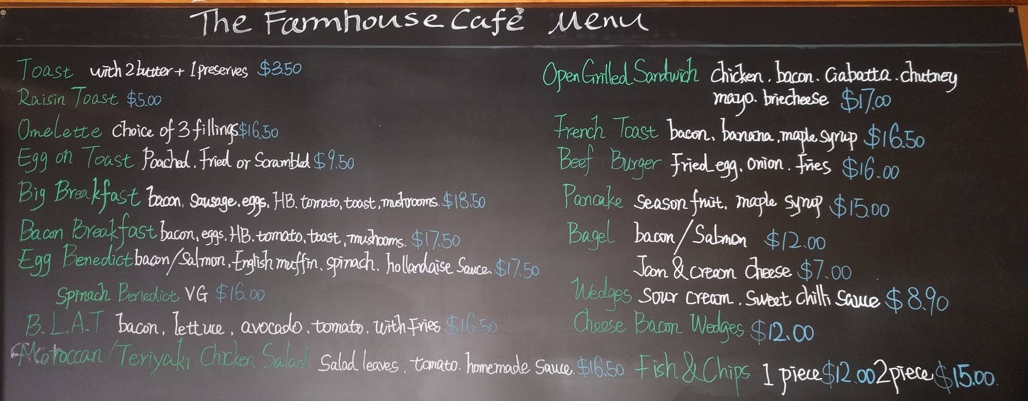 Menu at Farm House Cafe, Orewa, 6 Hillary Square