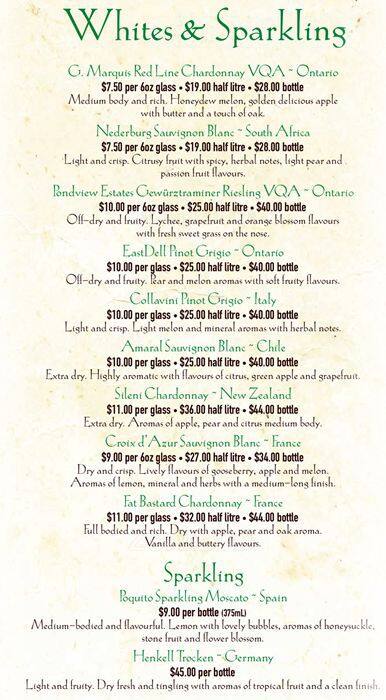 Menu at Village Genius Pub, Toronto