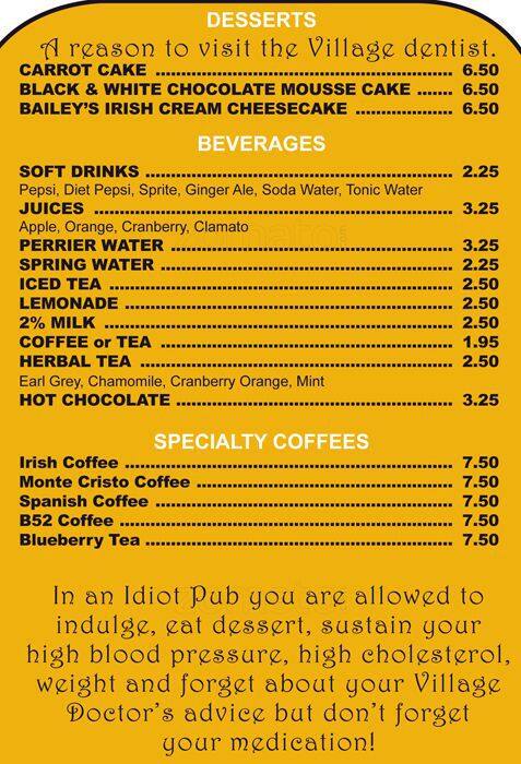 Menu at Village Genius Pub, Toronto