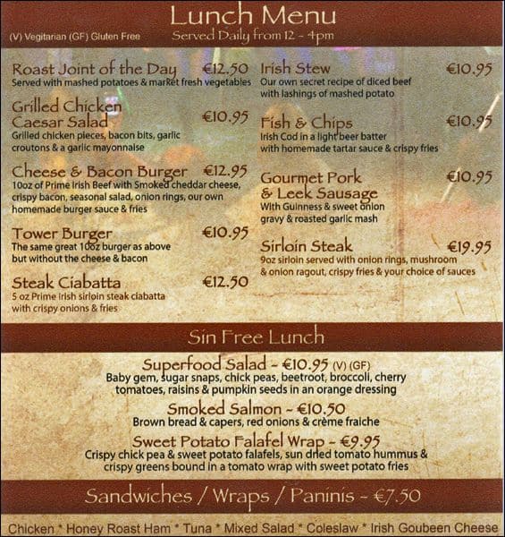 Menu at Murray's Bar, Dublin, 33-34 O'Connell Street Upper