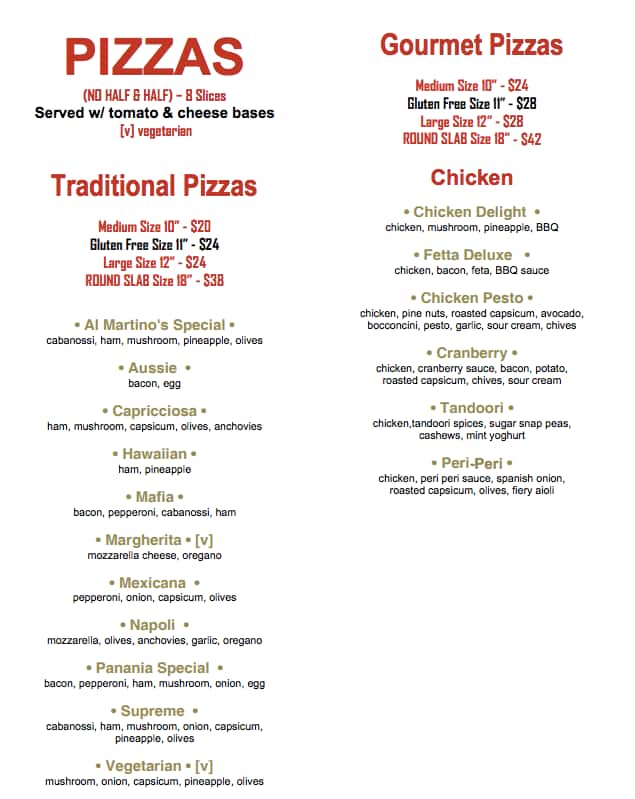 Menu at Al Martino's Italian Restaurant & Pizzeria, Panania