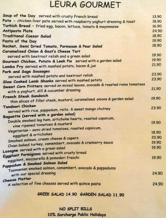 Menu at Leura Gourmet cafe, Leura, 159 Leura Mall