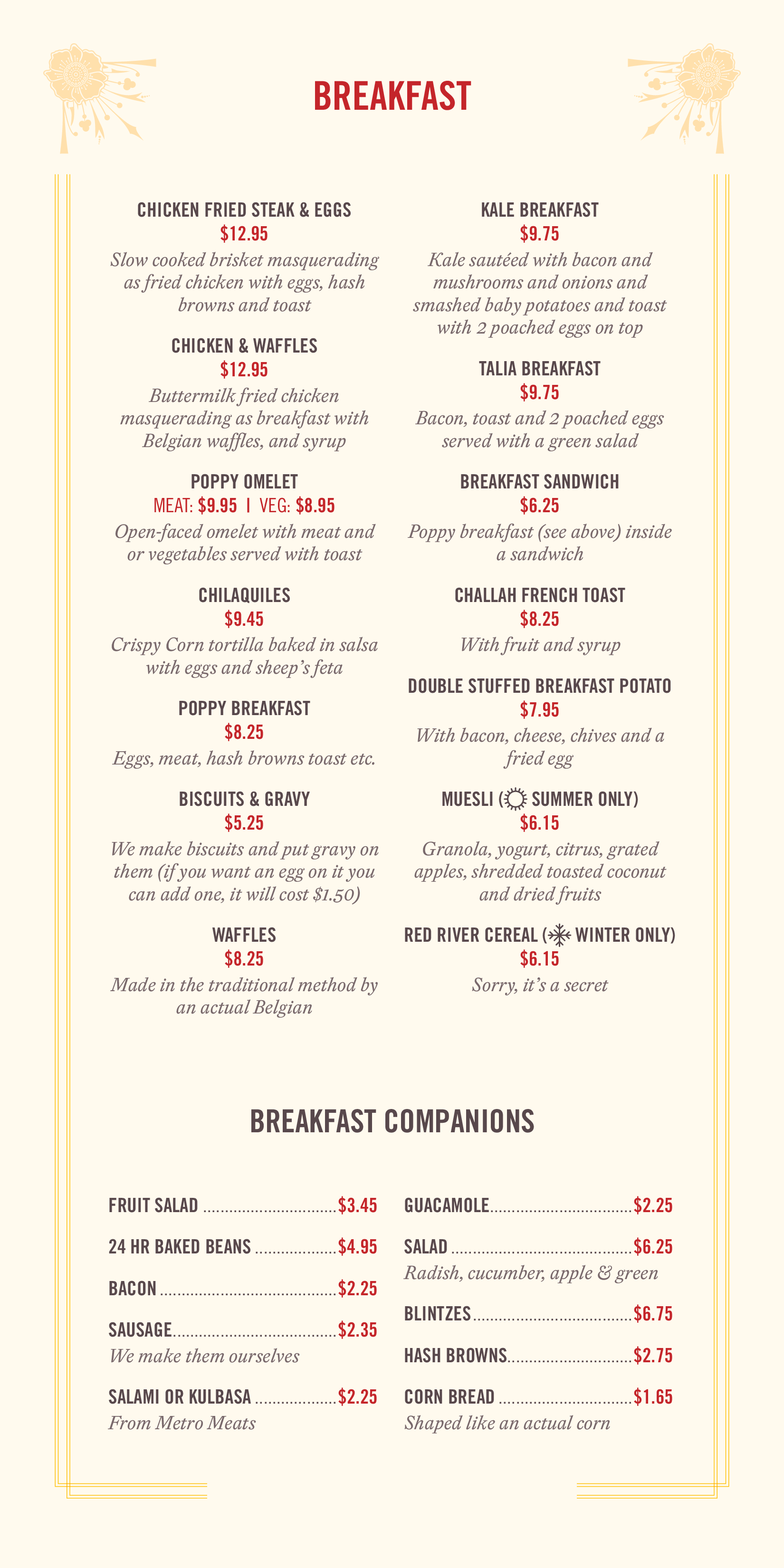 Menu at The Tallest Poppy restaurant, Winnipeg, 103 Sherbrook St