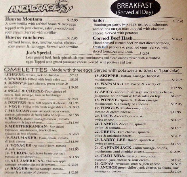 Menu at Anchorage 5 restaurant, Sausalito