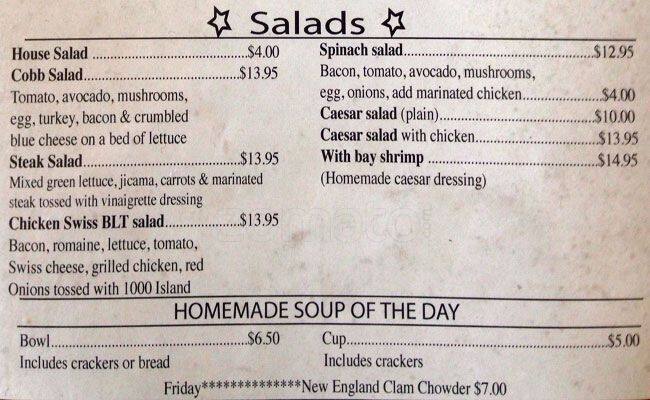 Menu at Anchorage 5 restaurant, Sausalito