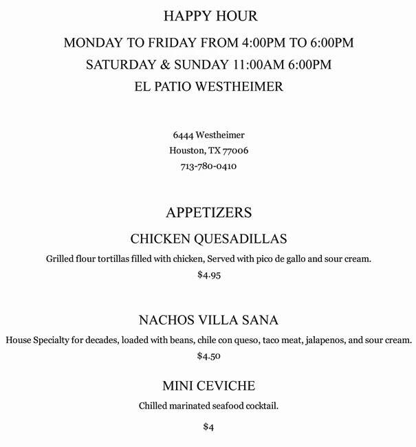 Menu at El Patio restaurant, Houston, Westheimer Rd