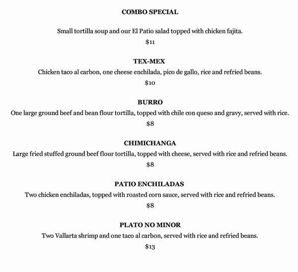 Menu at El Patio restaurant, Houston, Westheimer Rd