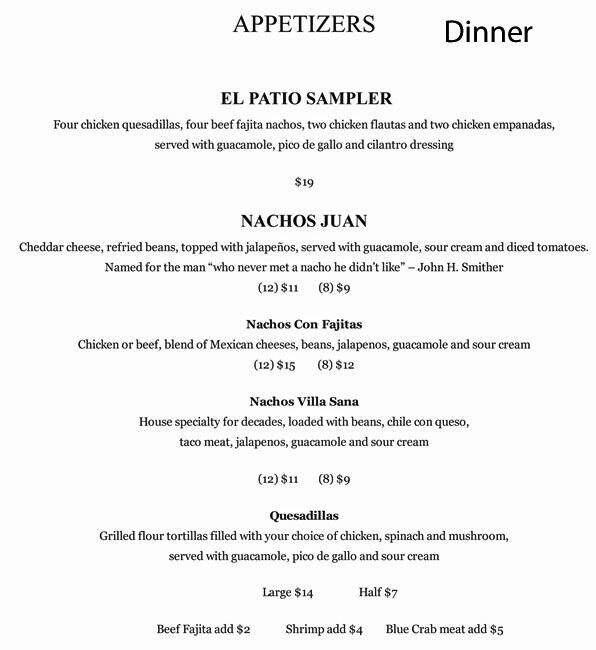 Menu at El Patio restaurant, Houston, Westheimer Rd