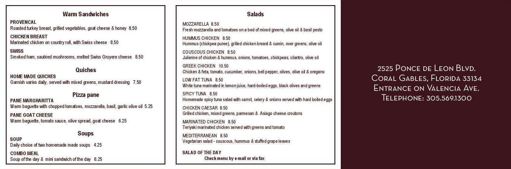 Menu at Sacha's Cafe, Coral Gables, 2525 Ponce de Leon
