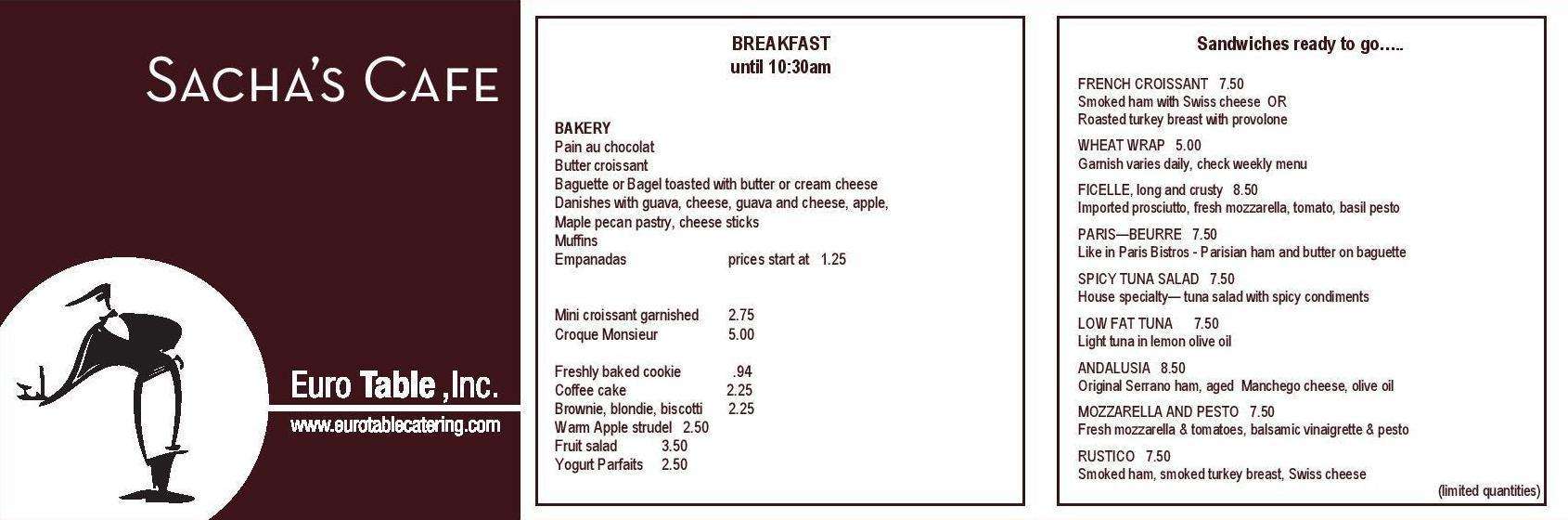 Menu at Sacha's Cafe, Coral Gables, 2525 Ponce de Leon