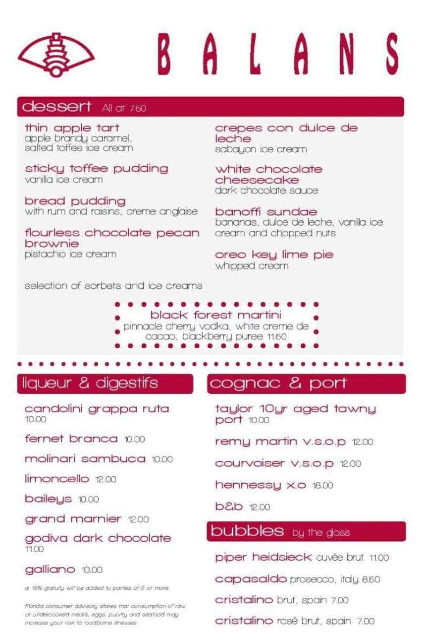 Menu at Balan's pub & bar, Miami