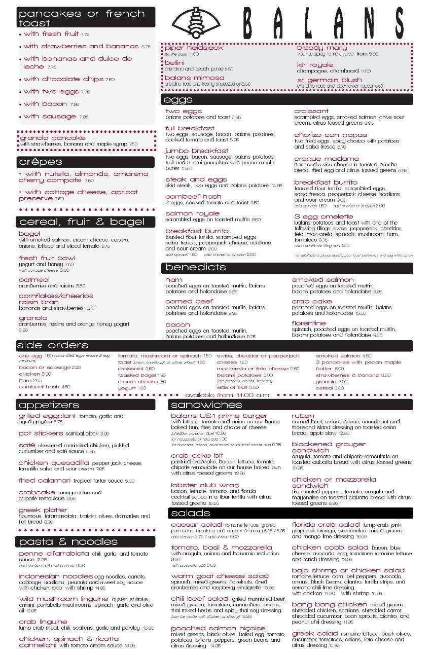 Menu at Balan's pub & bar, Miami