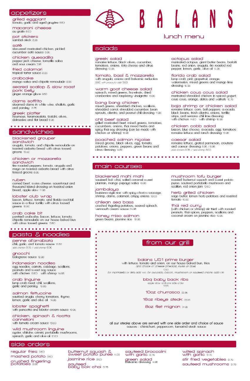 Menu at Balan's pub & bar, Miami