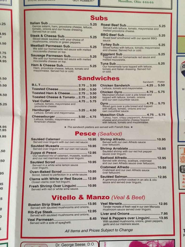 Menu at Smiley's pizzeria, Massillon