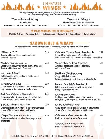 Menu at StreetSide Grill & Bar, Whitesburg