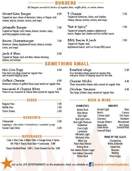 Menu at StreetSide Grill & Bar, Whitesburg