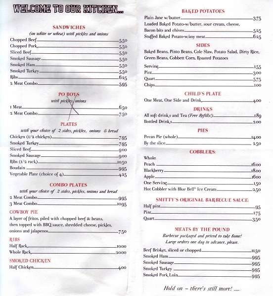 Menu at Smitty's Smoke House BBQ, Jasper