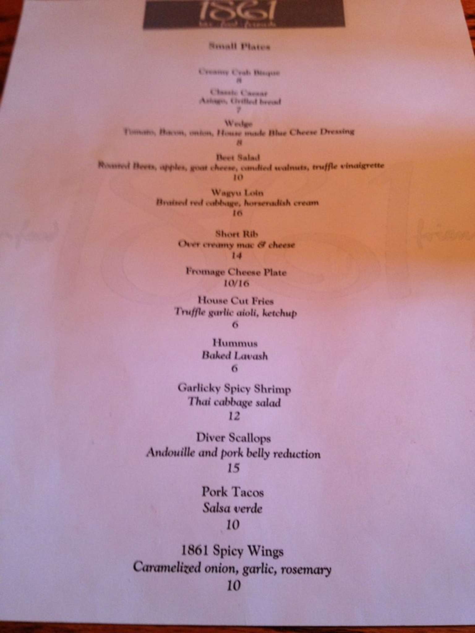 Menu at 1861 Southern Kitchen. Bourbon Bar, Middletown