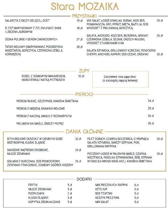 Menu at Cafe Mozaika, Warsaw