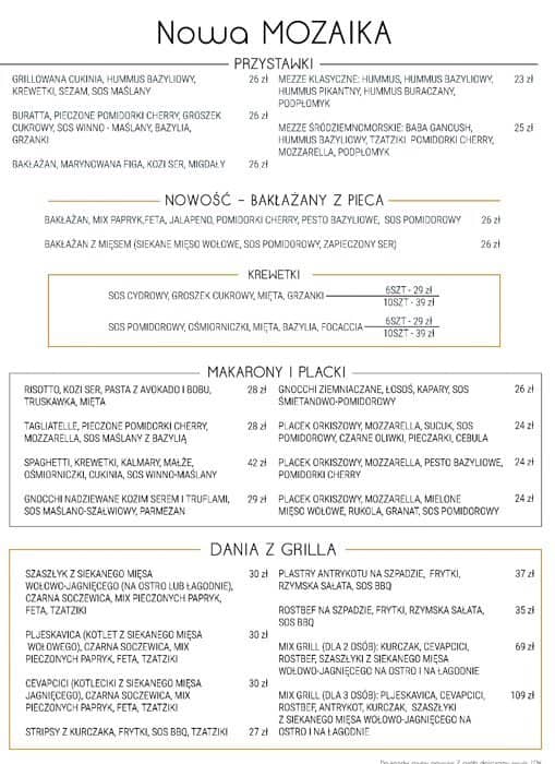 Menu at Cafe Mozaika, Warsaw