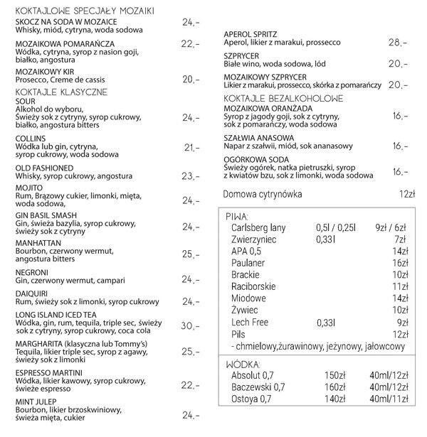 Menu at Cafe Mozaika, Warsaw