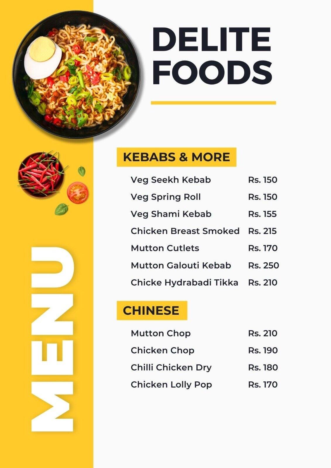 Menu of Delite Foods, Sector 45, Noida