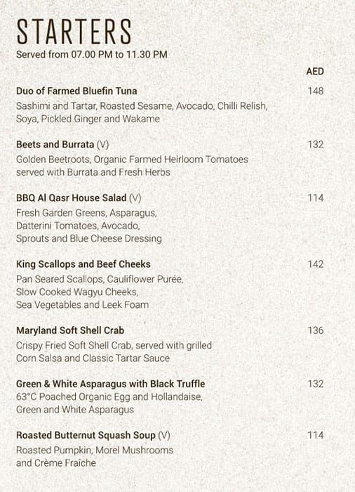Menu at BBQ Al Qasr, Abu Dhabi