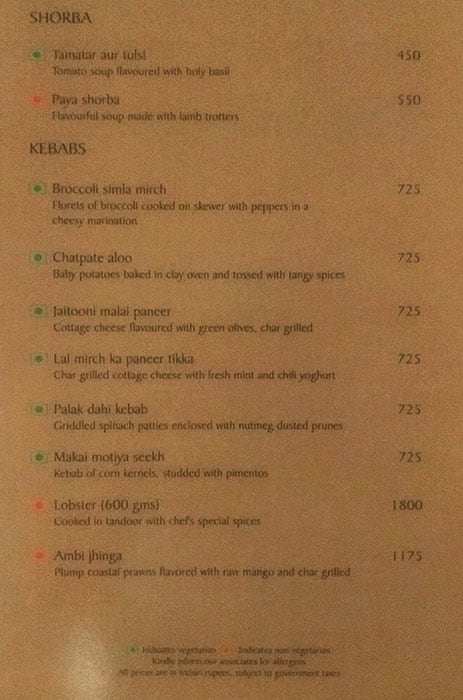 Menu at Beyond Indus, Chennai