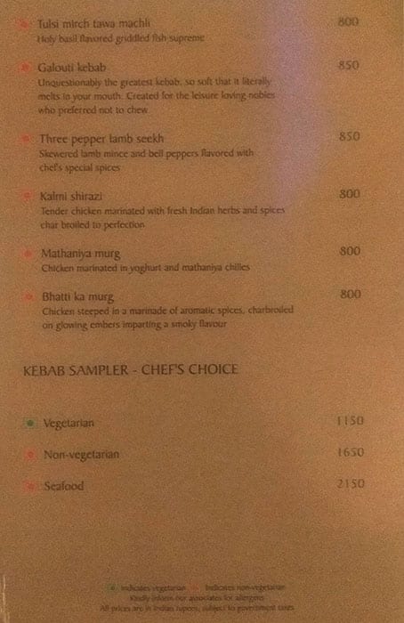 Menu at Beyond Indus, Chennai