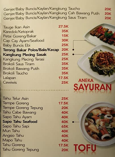 Menu at Bale Bengong restaurant, Jakarta