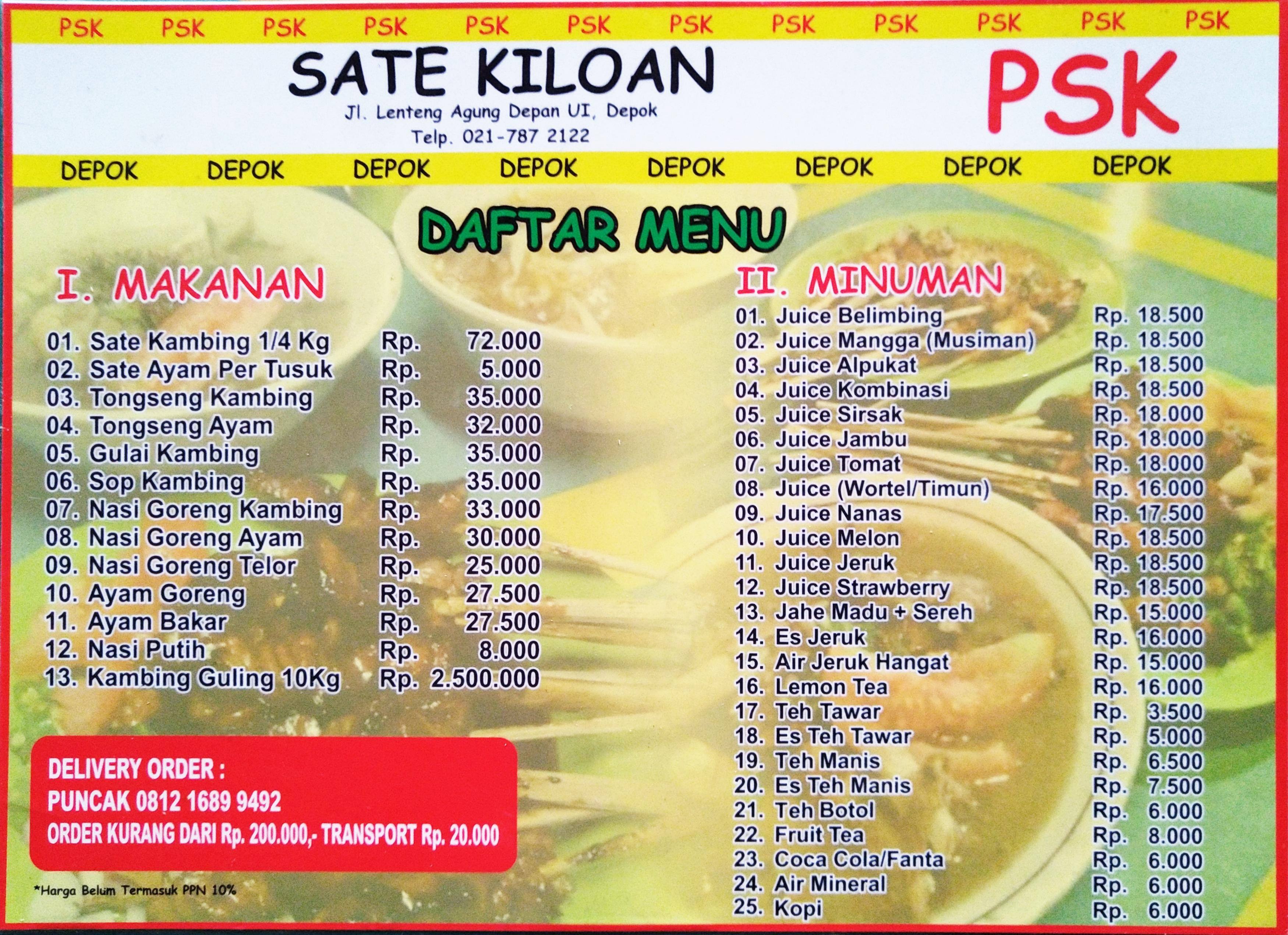 Menu at Sate Kiloan PSK restaurant, Ciloto, Jalan Raya Puncak Km. 86 ...