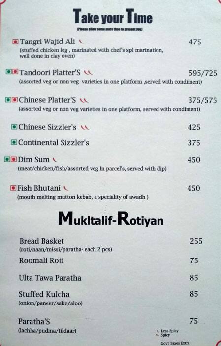 Menu at Skyline, Lucknow