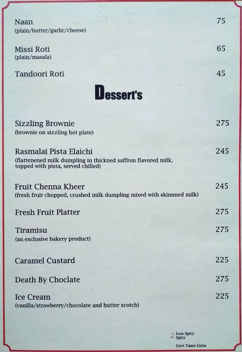 Menu at Skyline, Lucknow